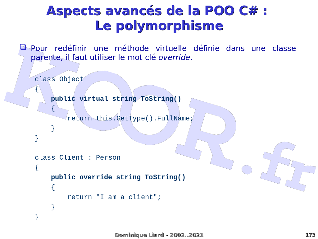 Le langage C# - Aspects avancés de la POO C# : Le polymorphisme